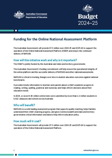 2024-25 Budget: Funding for the Online National Assessment Platform fact sheet - Department of ...